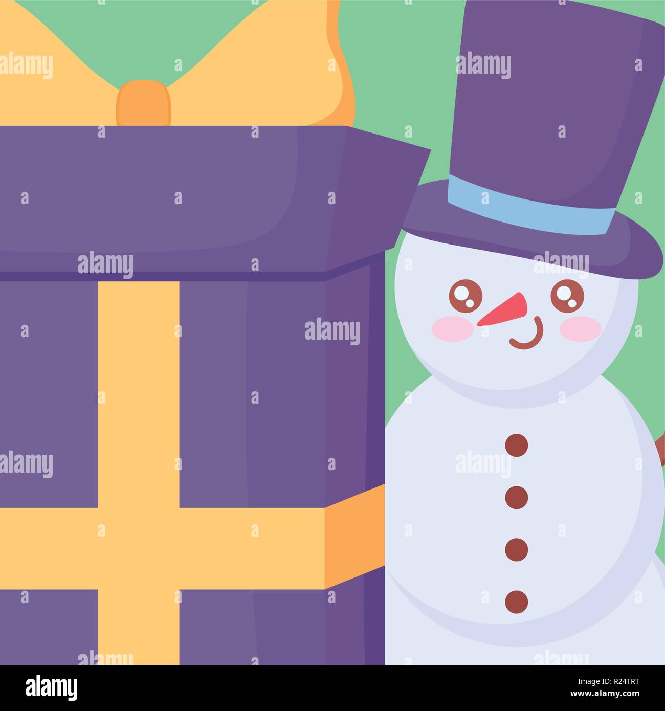 Gift box with cartoon snowman over green background, vector ...