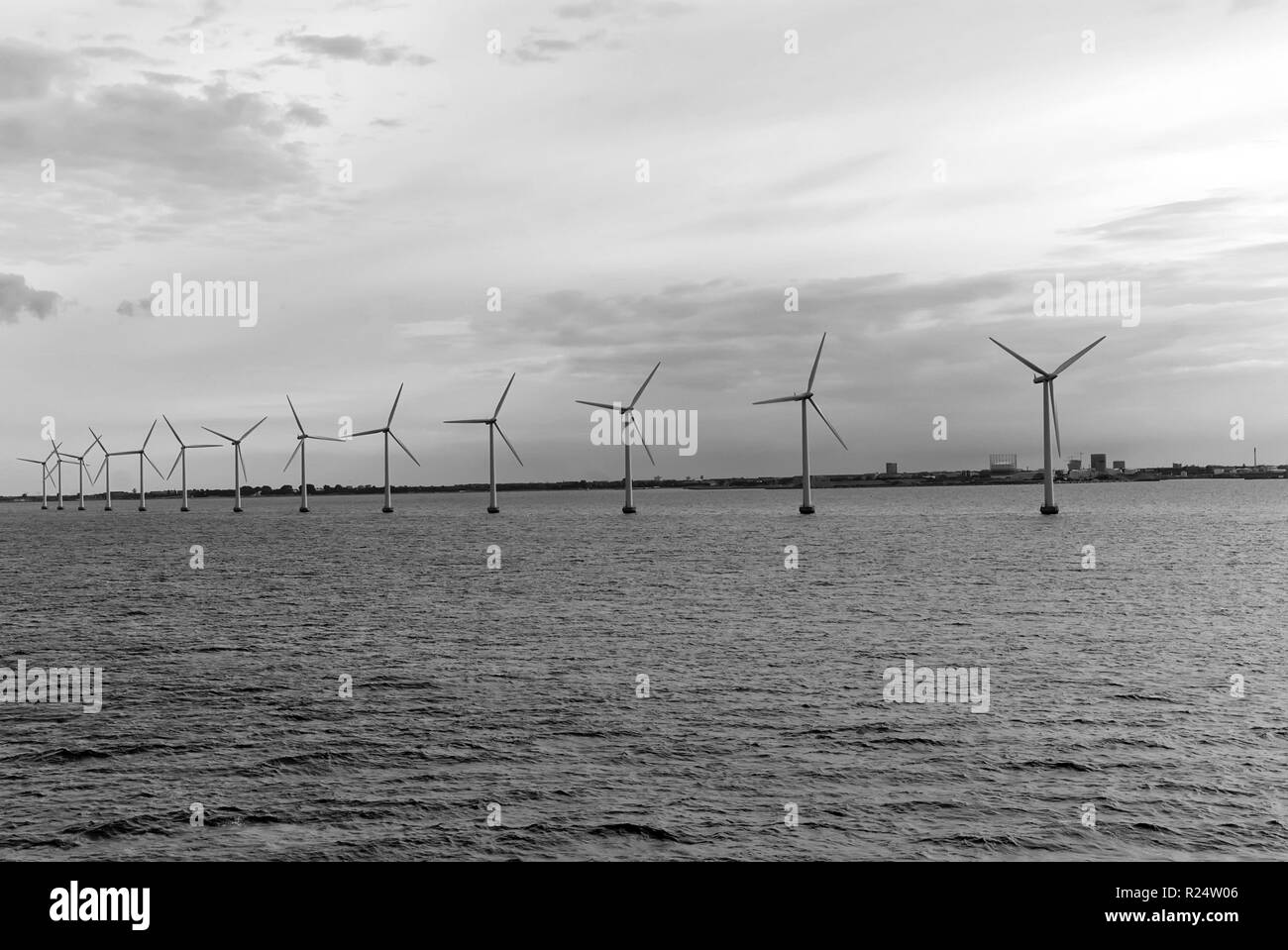 Wind turbines in sea in Copenhagen, Denmark. Offshore wind farm for ...