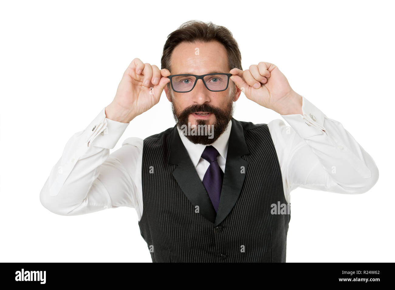 Man bearded wear eyeglasses isolated white. Businessman teacher adjust ...