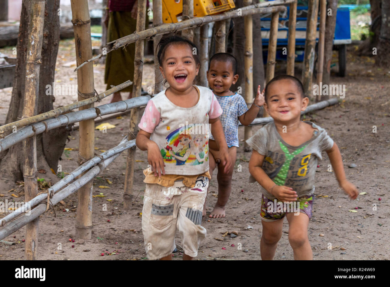Don Det, Laos - April 25, 2018: Poor children running and cheering to ...