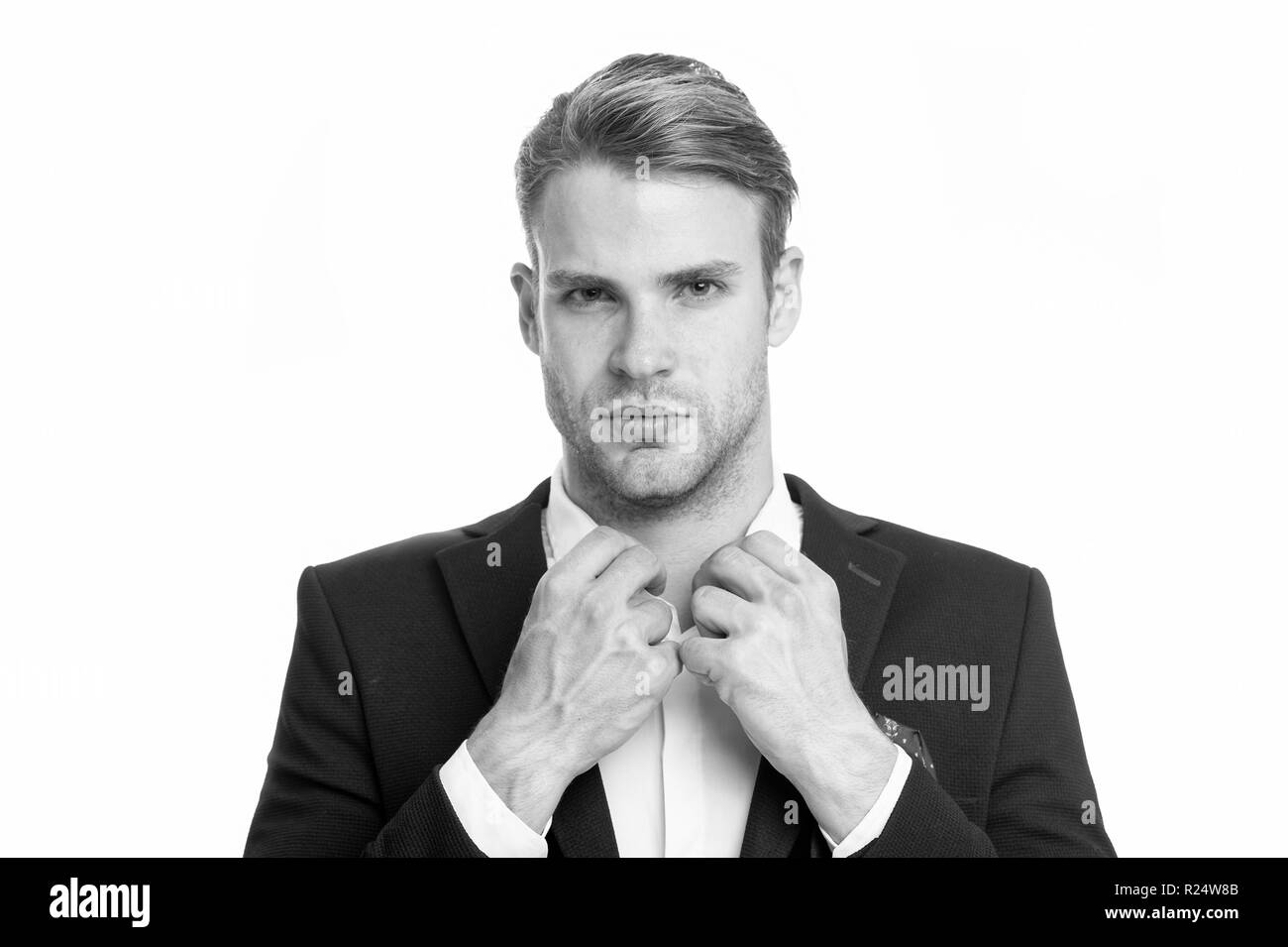 White Collar Worker Man Well Groomed Buttoning White Collar Elegant Formal Suit Isolated White