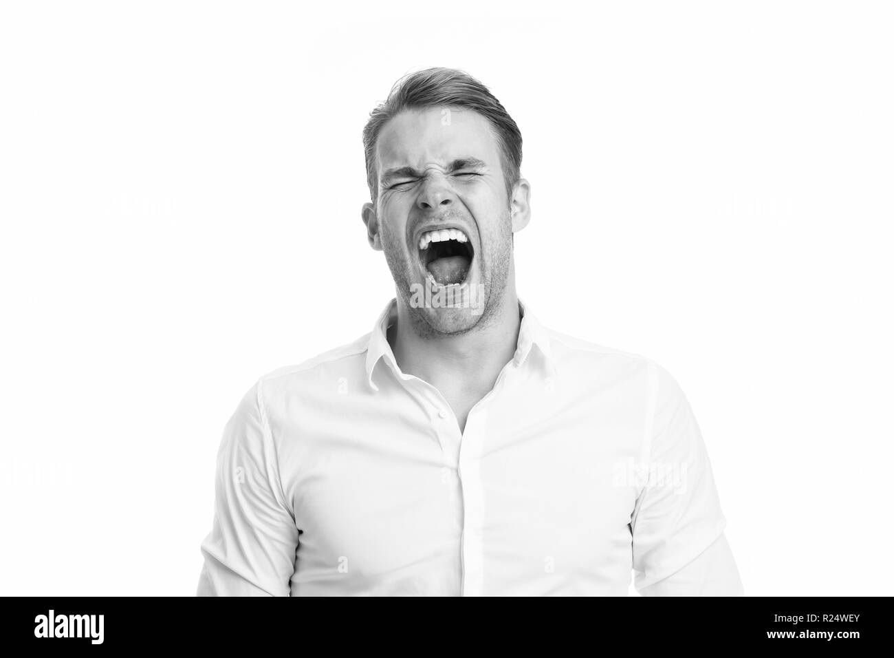 Emotional explosion. Man shouting face formal shirt white background ...
