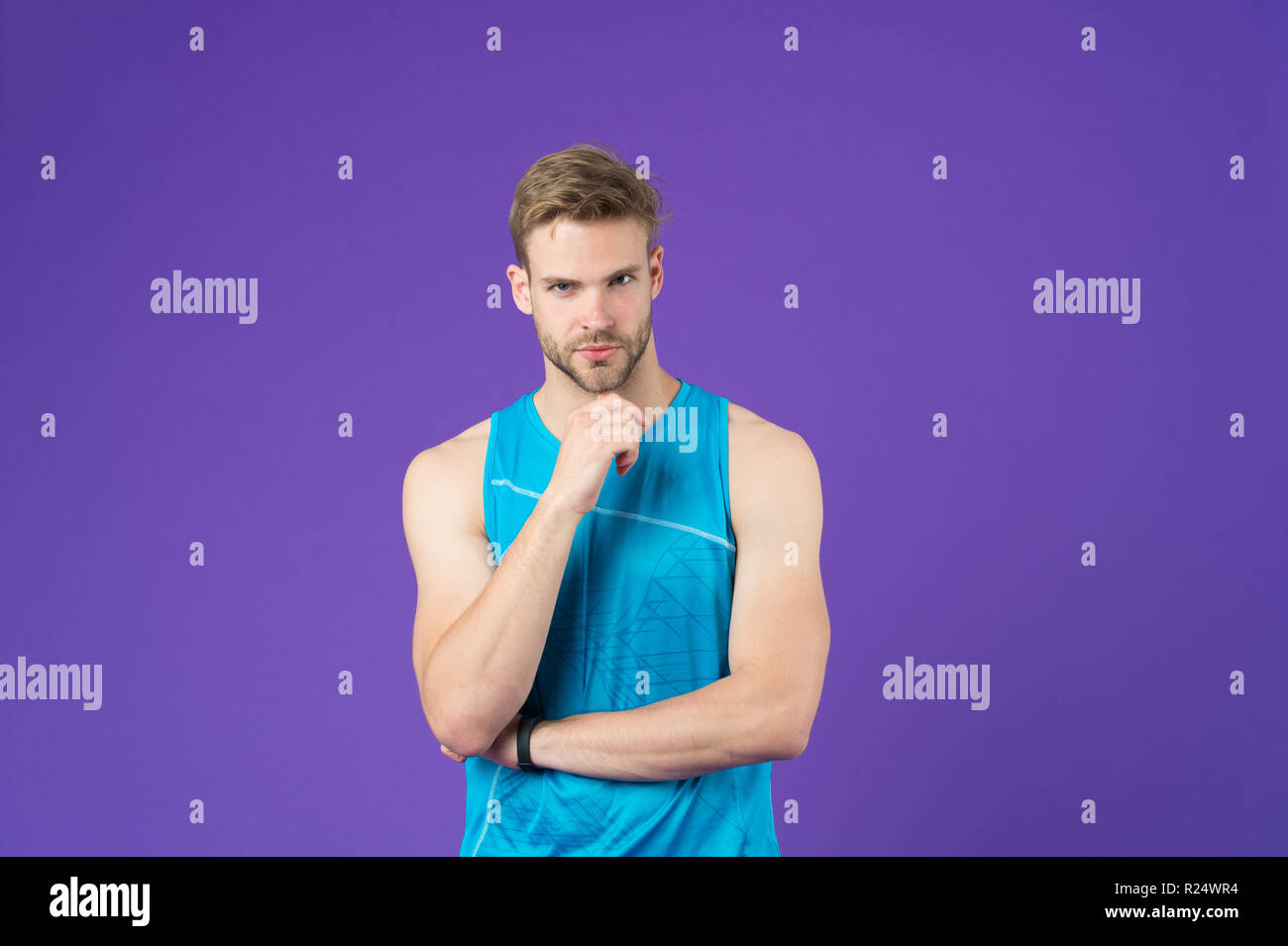 Fitness consultant think analyze training. Thoughtful sportsman analyze ...