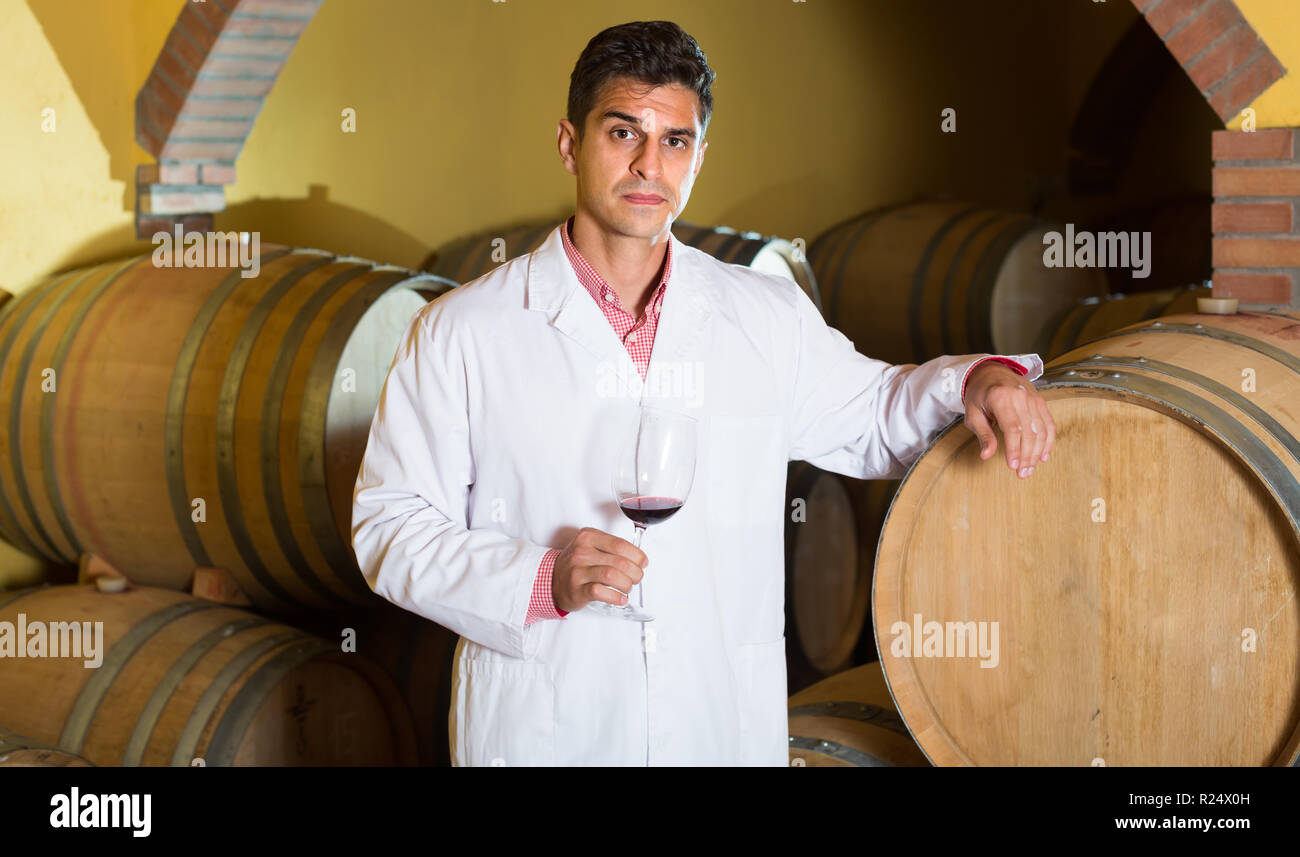 serious professional taster of winery posing with glass of wine in ...