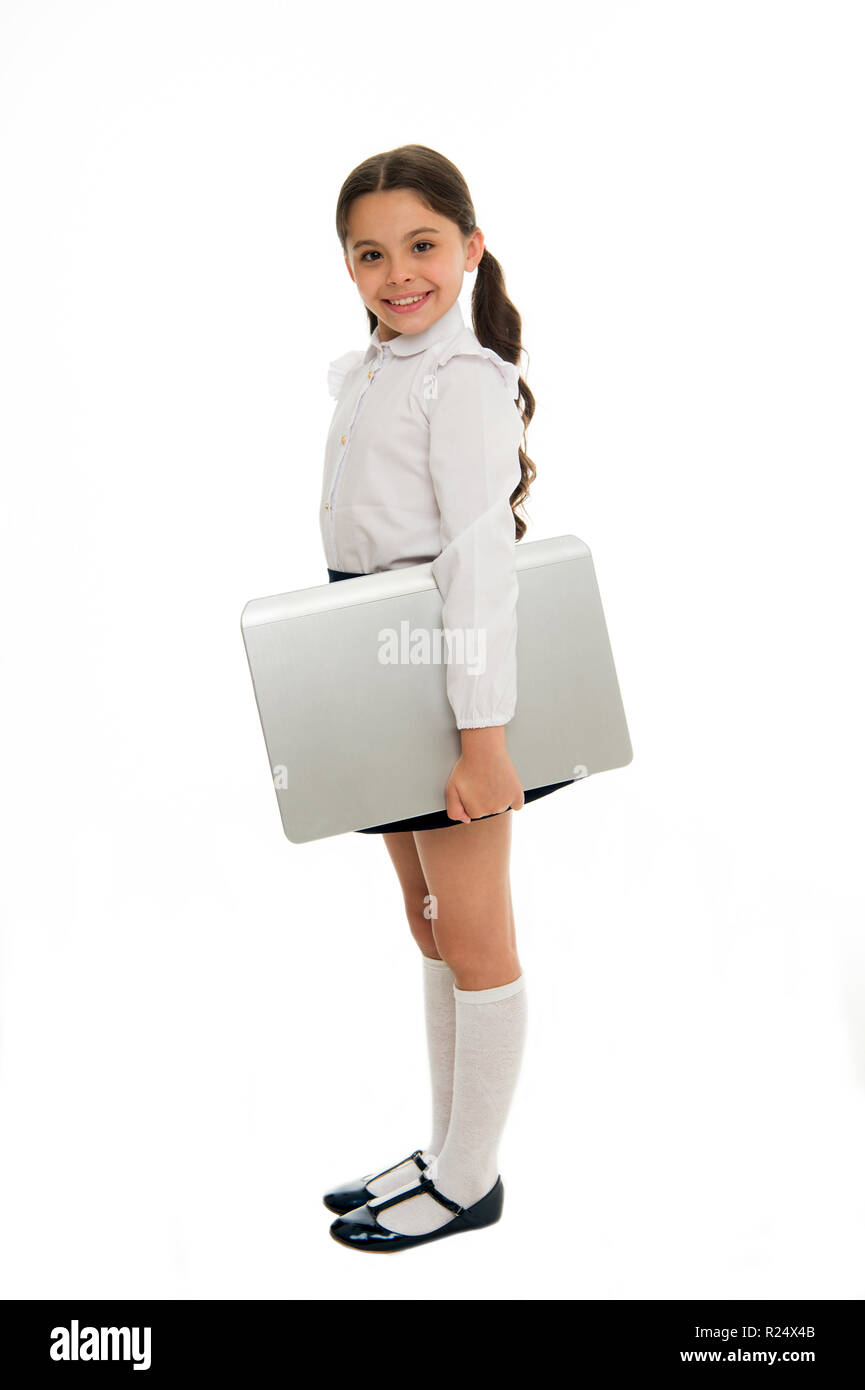 Study digital technologies. Schoolgirl carry laptop for classes ...
