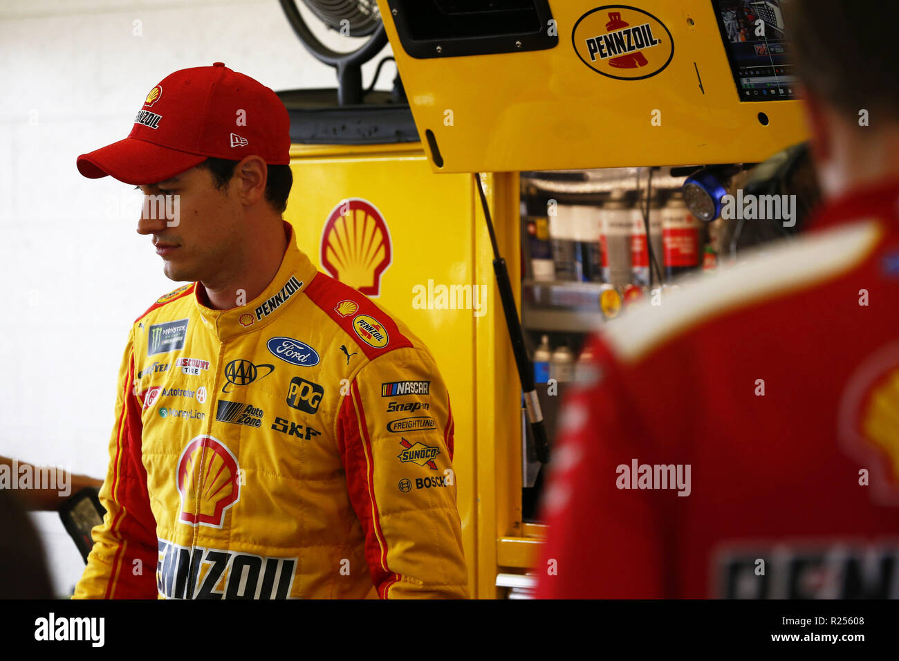 Homestead, Florida, USA. 16th Nov, 2018. Joey Logano (22) hangs out in ...