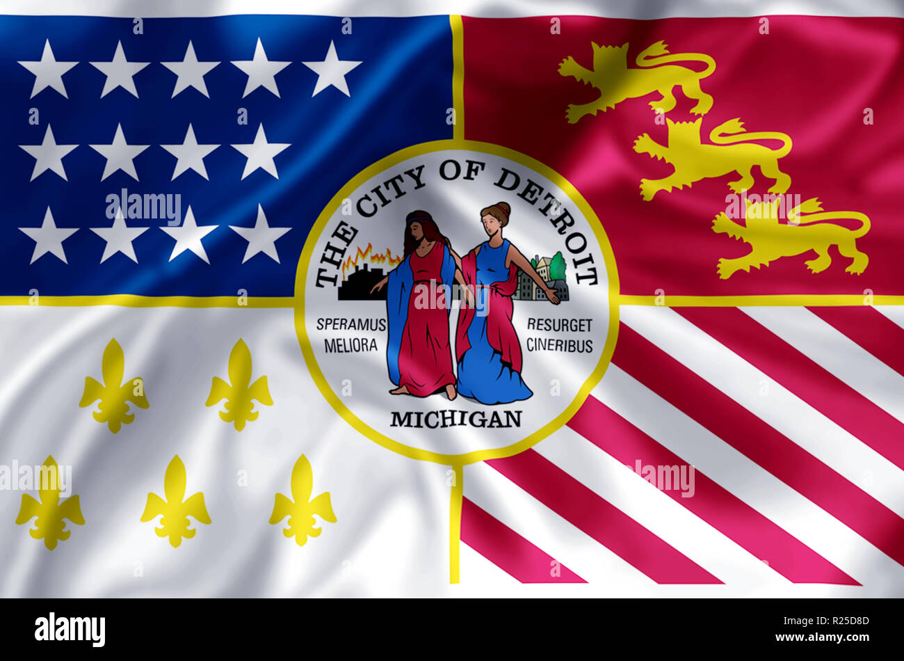 Detroit Michigan waving and closeup flag illustration. Perfect for ...
