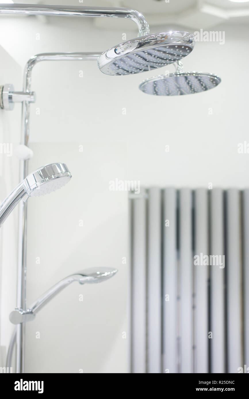 Bathroom chrome shower head showroom display of new design option for ...