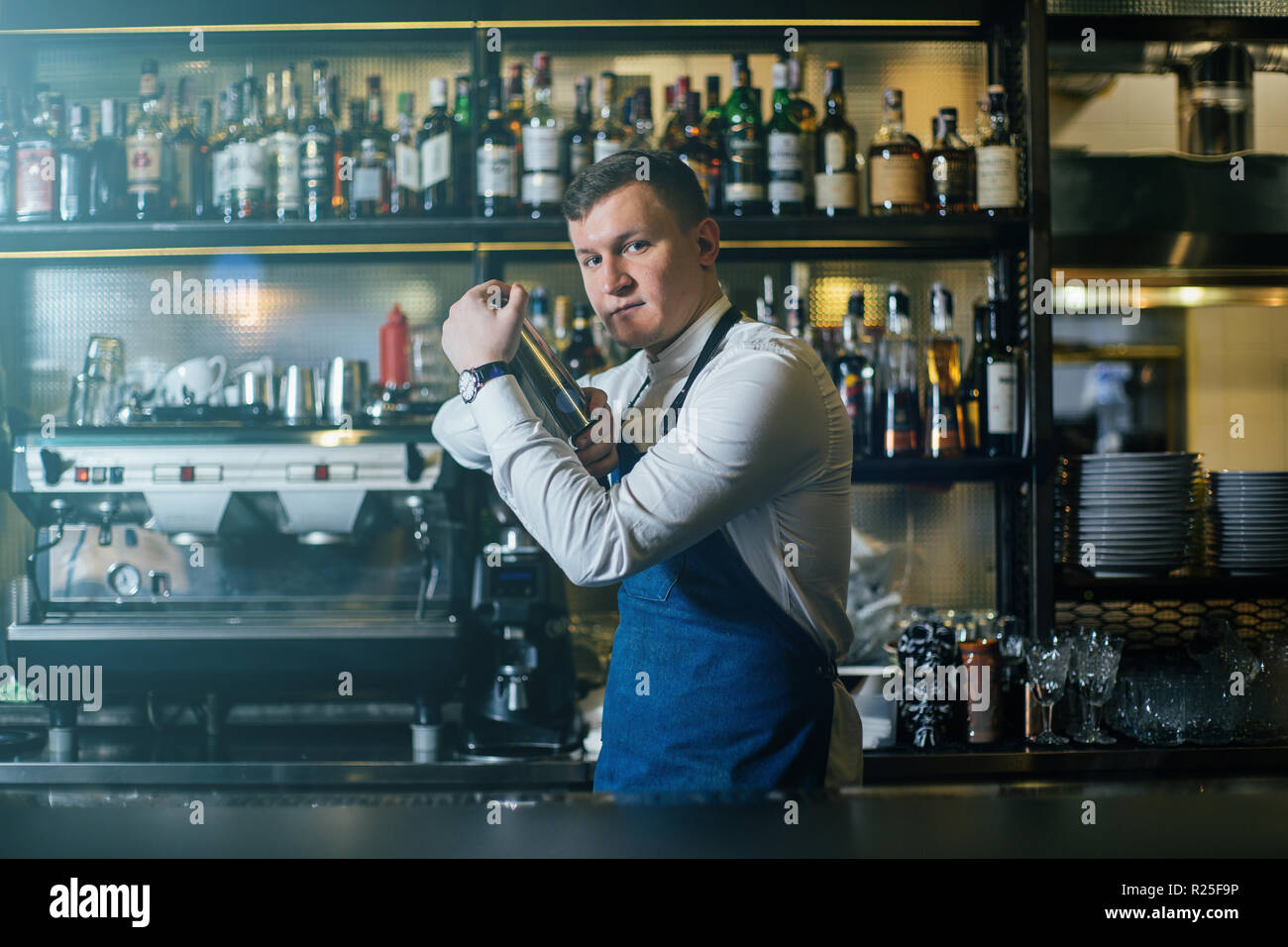 Bartender professionally working with shaker and making good drinks ...