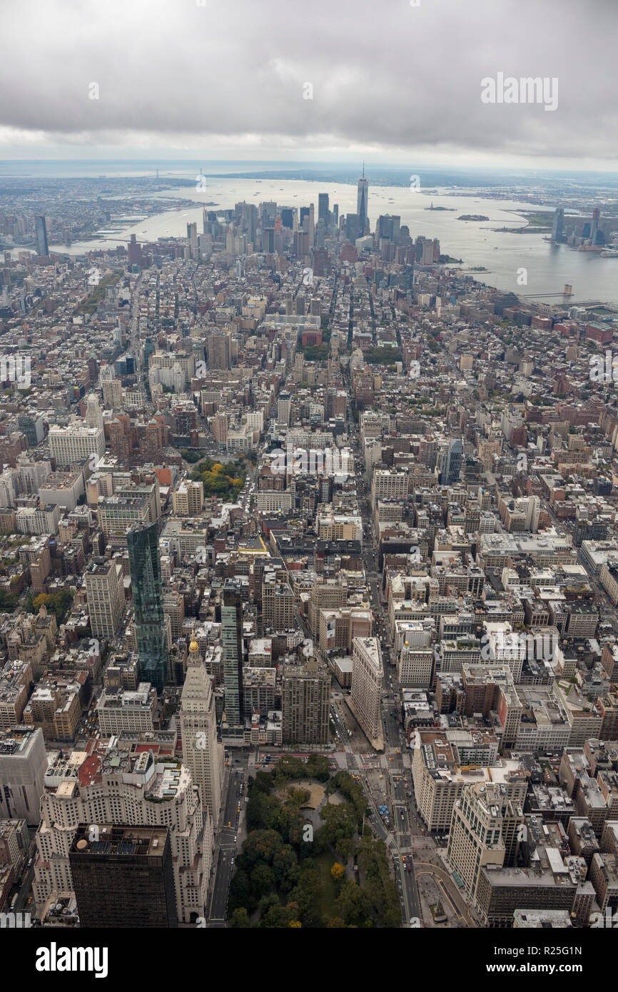 helicopter aerial view of Rose Hill and Gramercy Park, midtown to ...
