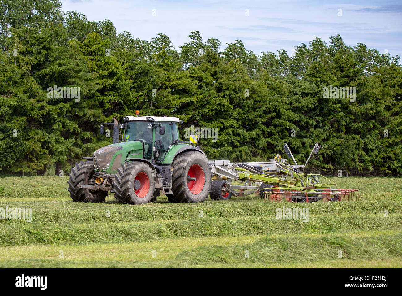 A Fendt tractor and tedder work in a farm field raking cut grass into ...