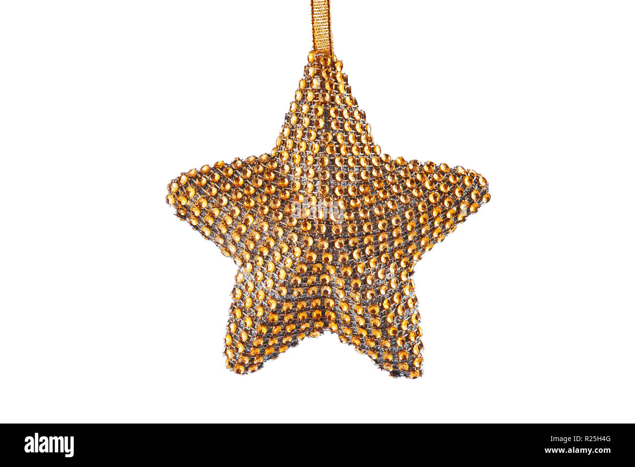 Golden Christmas star decoration on ribbon isolated on white background ...