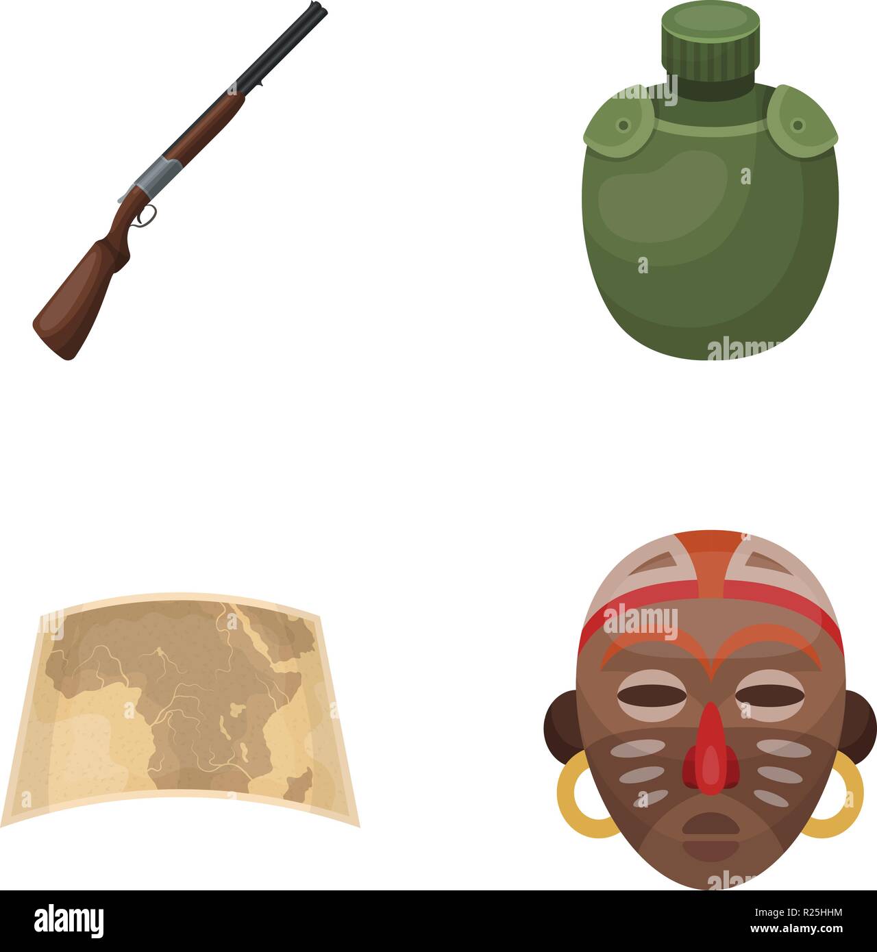 Hunting rifle, flask in the case, map, African mask. African safari set ...