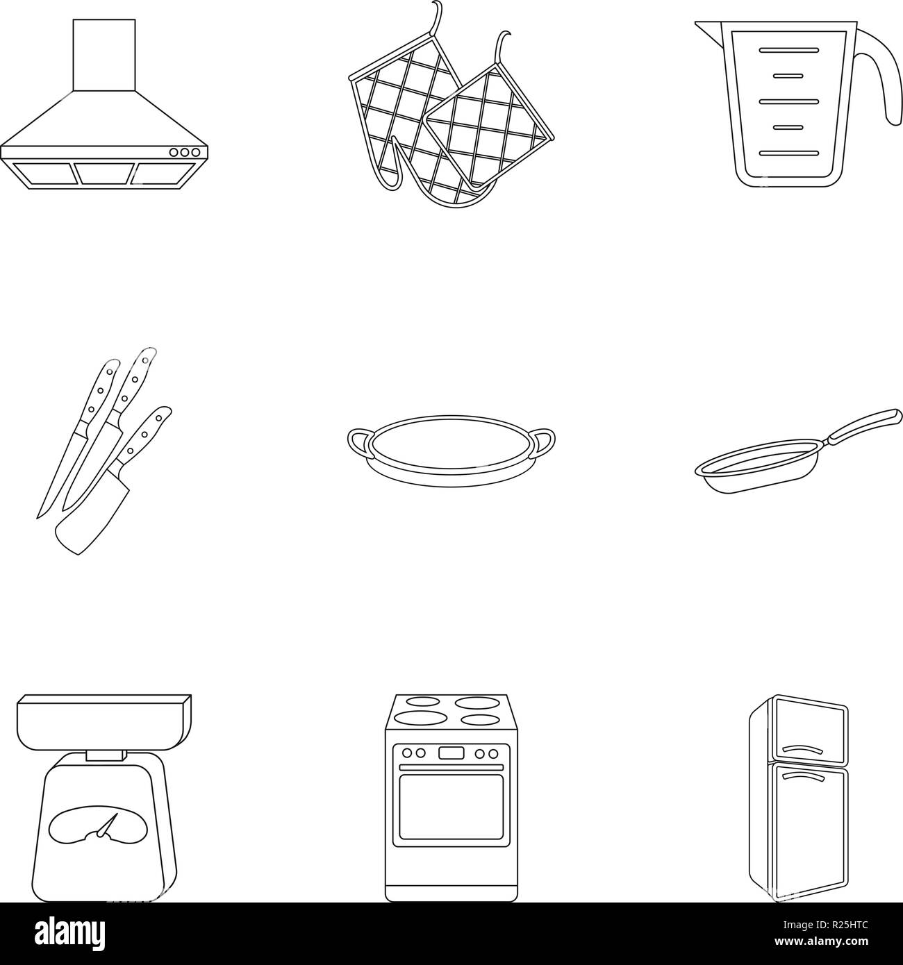 Kitchen set icons in outline style. Big collection of kitchen vector ...