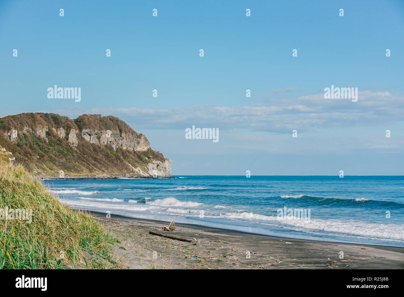 Beach and ocean with blue sky at cape Chikyu Hokkaido Japan Stock Photo - Alamy