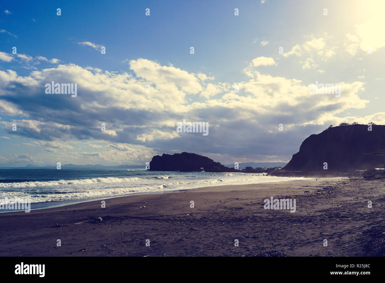 Beach and ocean with blue sky at cape Chikyu Hokkaido Japan Stock Photo ...