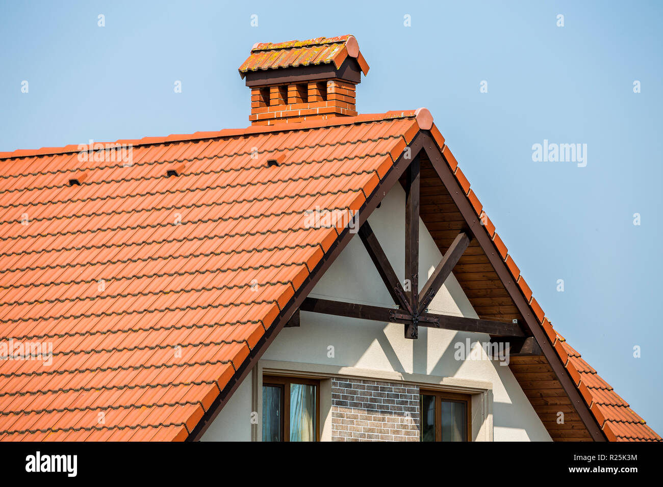 Top of big modern expensive residential house cottage with steep ...