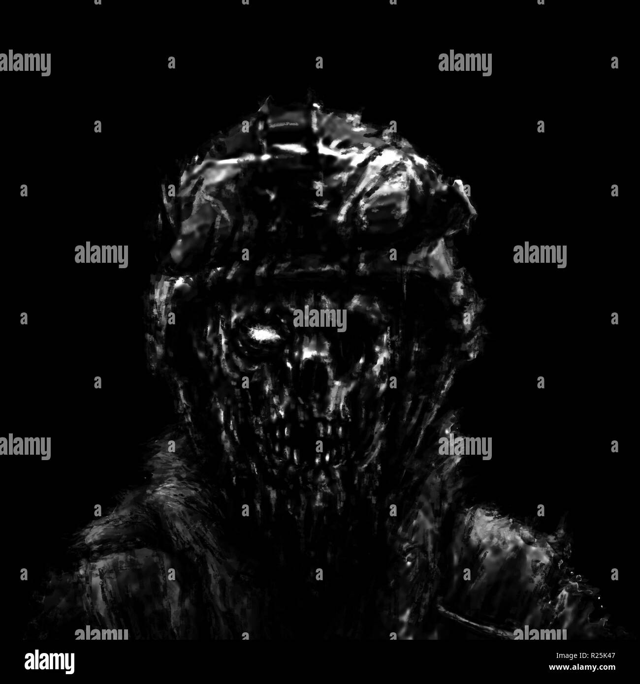 Single eyed zombie soldier face in helmet. Drawing horror character ...