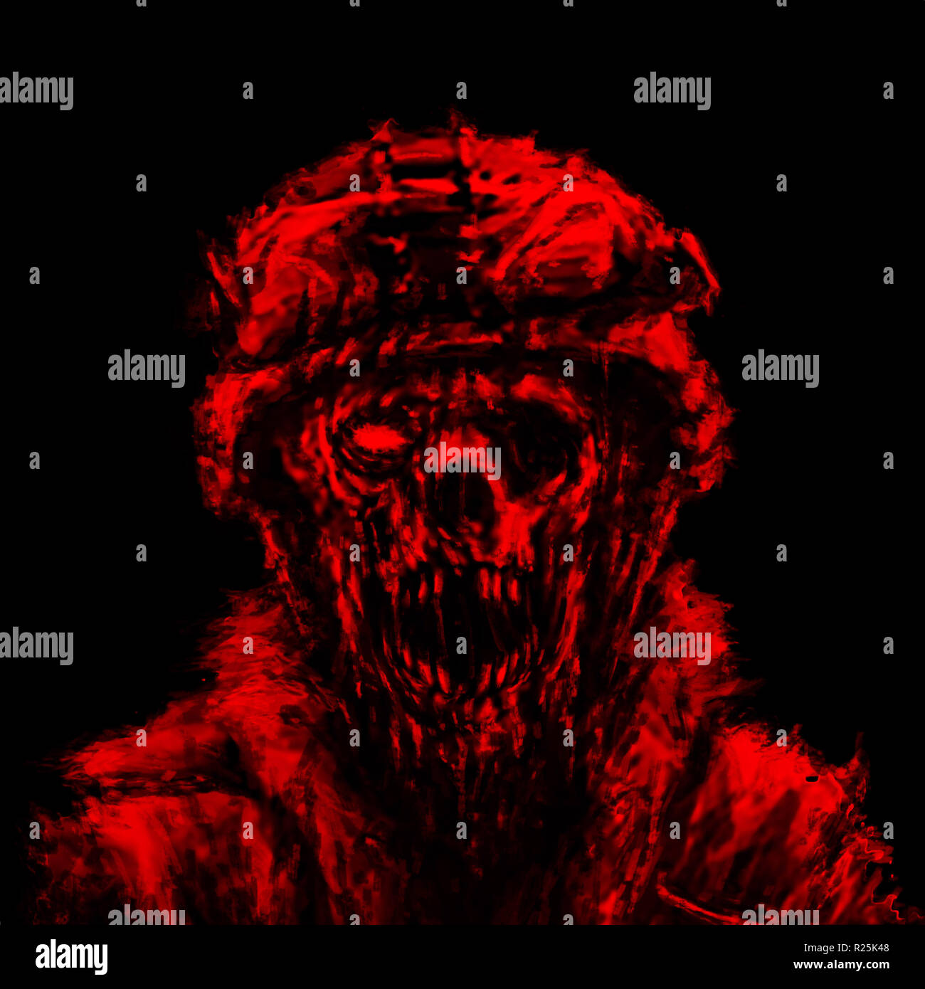 Single eyed red zombie soldier shout concept. Drawing horror character ...