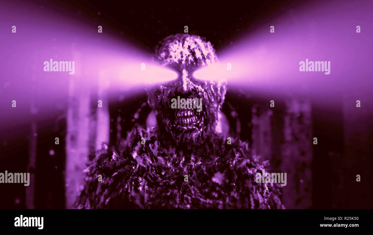 Dark zombie with green rays from the eyes in dungeon. Horror character ...