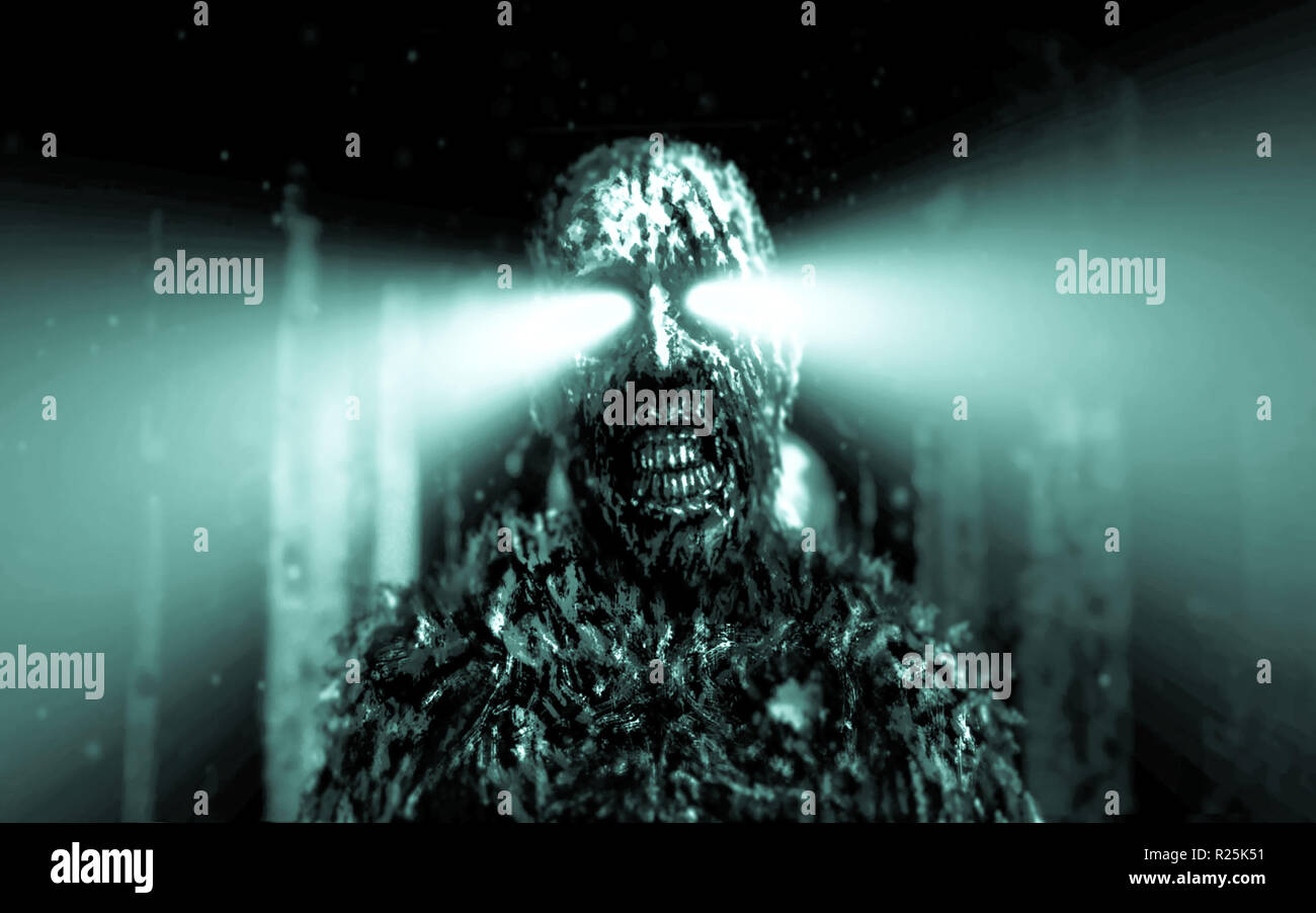 Dark zombie with green rays from the eyes in dungeon. Horror character ...