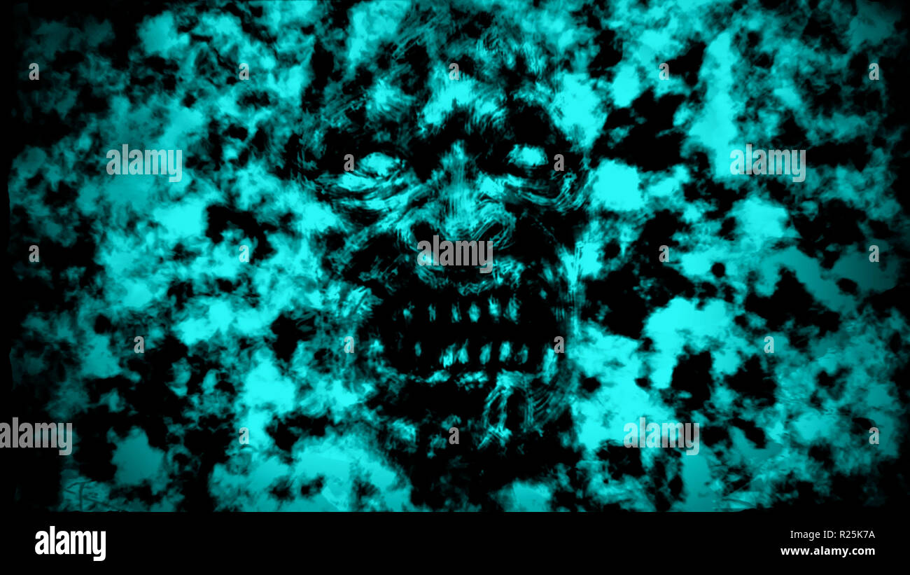 Angry burning ghoul face. Illustration in genre of horror. Blue ...