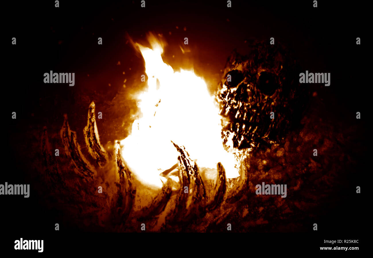 Bones in fire. Genre of horror. Scary background. Orange background ...