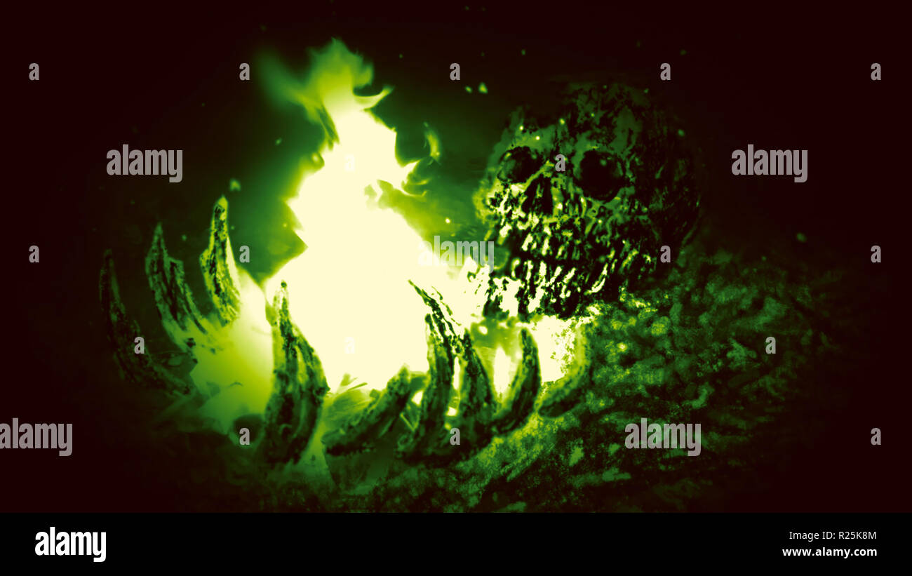 Burning human bones. Scary illustration. Green background color Stock ...