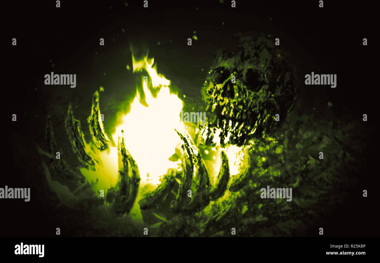 Burning human bones. Genre of horror. Green background color Stock ...