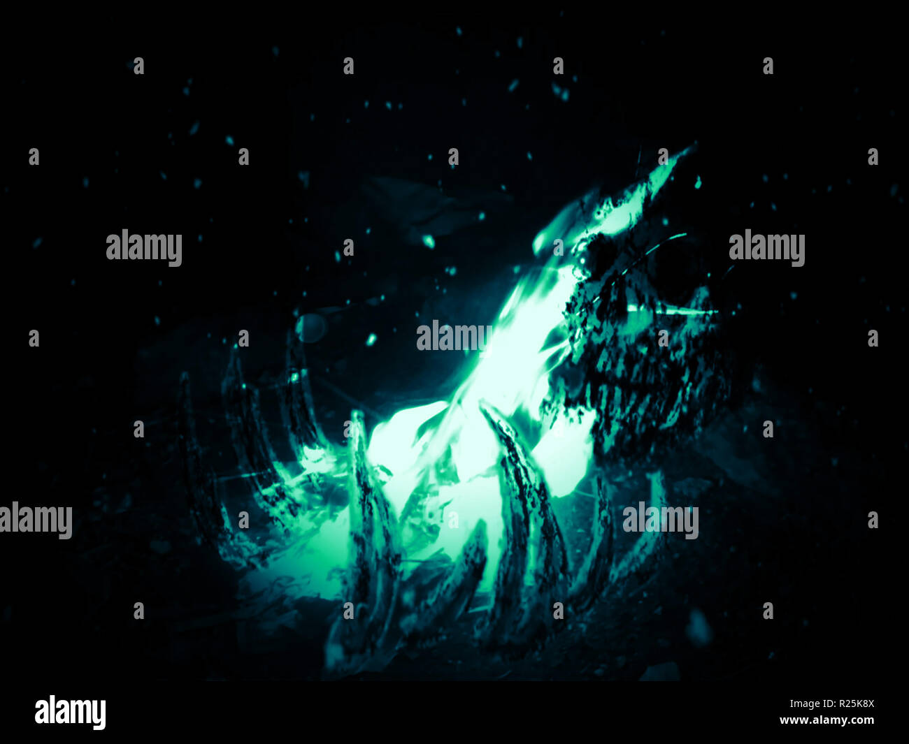 Remains in flame. Scary illustration. Blue background color Stock Photo ...