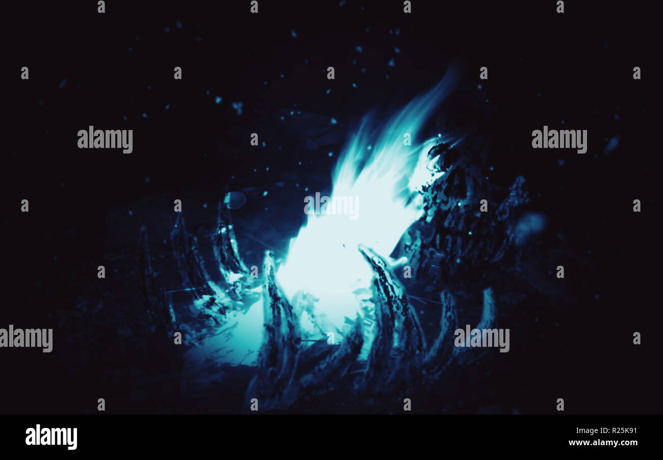 Remains in fire. Genre of horror. Scary illustration. Blue background ...