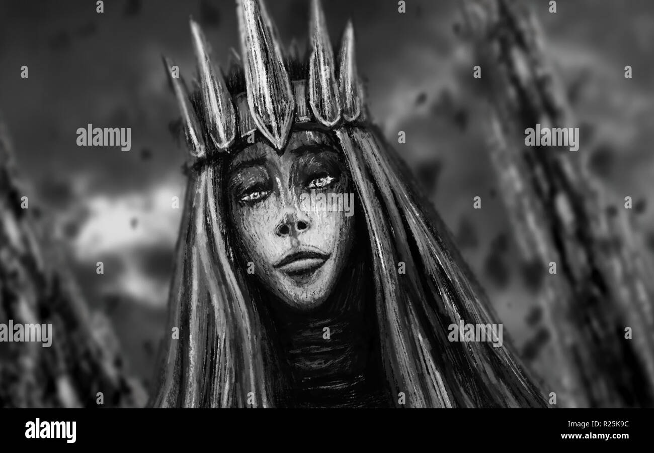 Dark queen with crown. Fantasy illustration. Black and white background ...