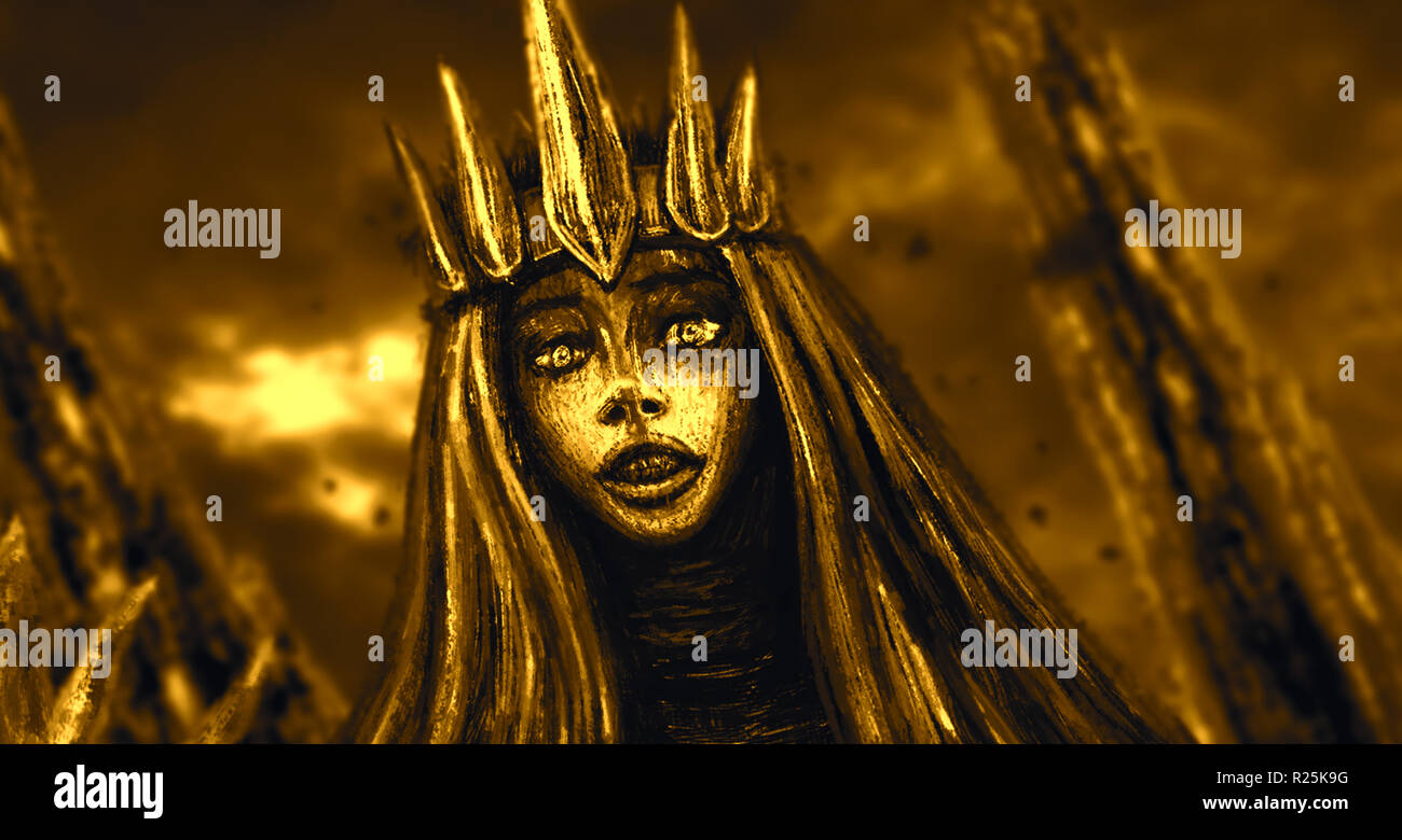 Dark queen with crown. Orange background. Fantasy illustration Stock ...