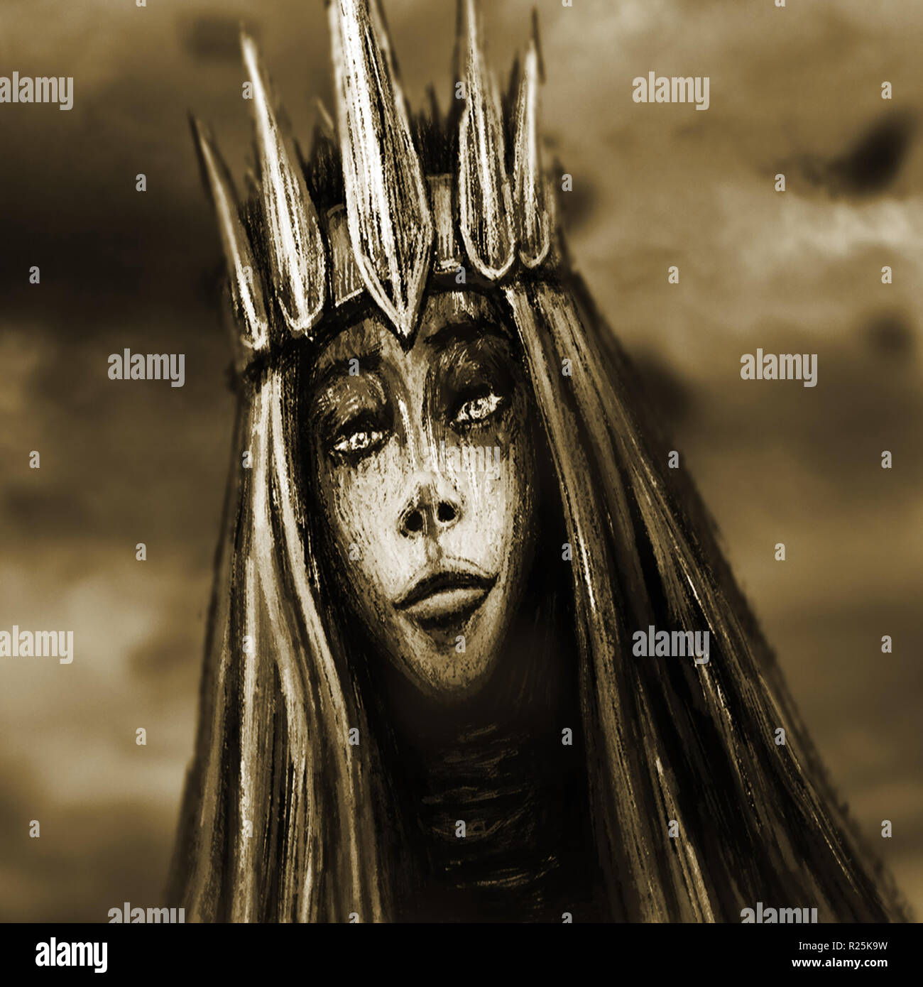 Dark queen with crown. Fantasy illustration. Monochrome background ...