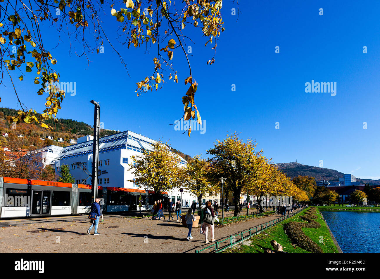 Light train Bybanen in Kaigaten, Byparken, downtown Bergen, Norway ...