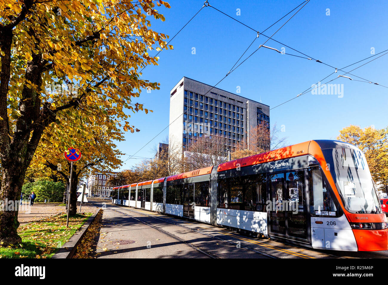 Light train Bybanen in Kaigaten, Byparken, downtown Bergen, Norway ...
