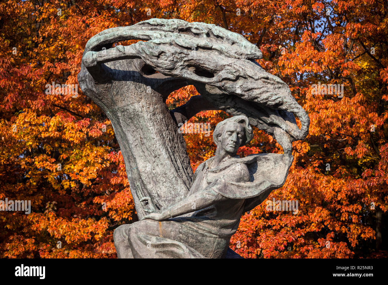 Chopin monument against autumn trees in Lazienki Park in Warsaw, Poland ...