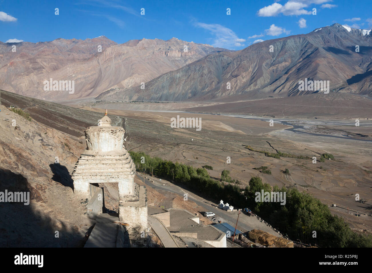 White chorten (foreground) in Karsha Monastery (Zanskar, Jammu and ...