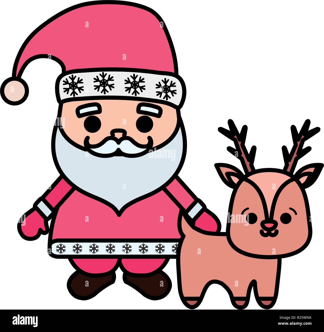 cartoon santa claus and deer over white background, vector illustration ...