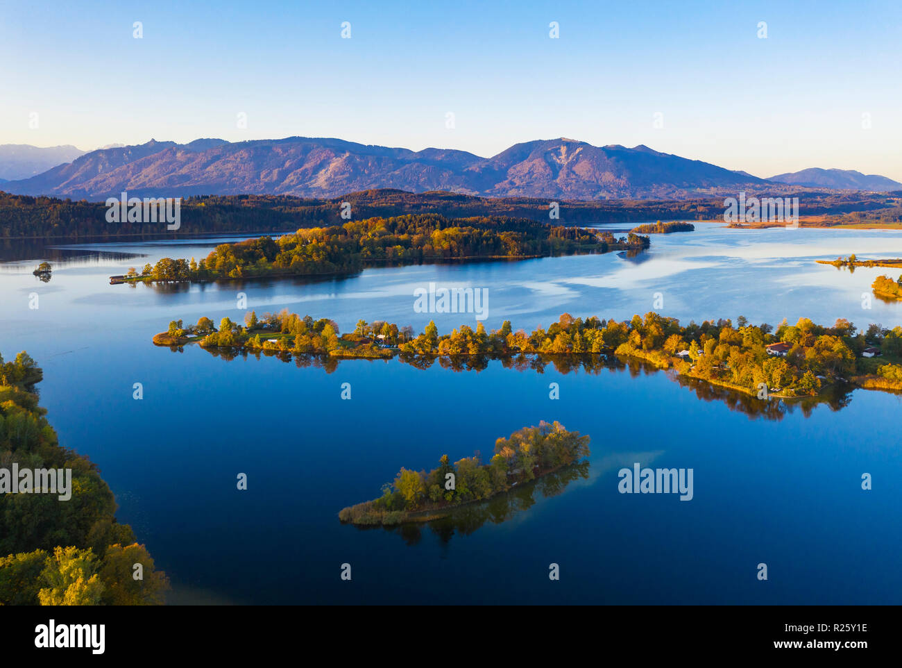 Lake Staffelsee with Gradeninsel, Buchau and Wörth islands, drone shot ...