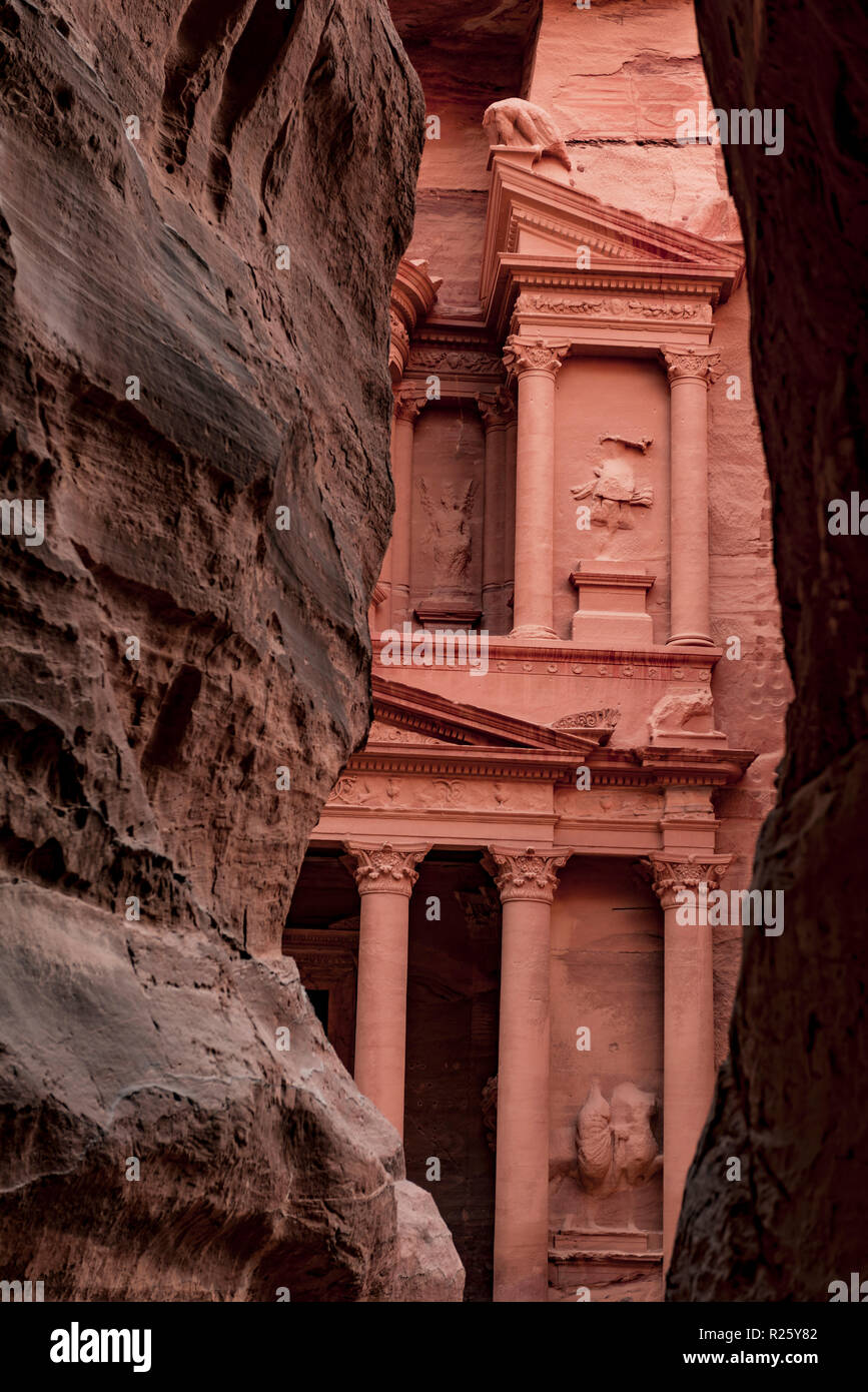 View from the gorge Siq to the Pharaoh's treasure house carved into the ...