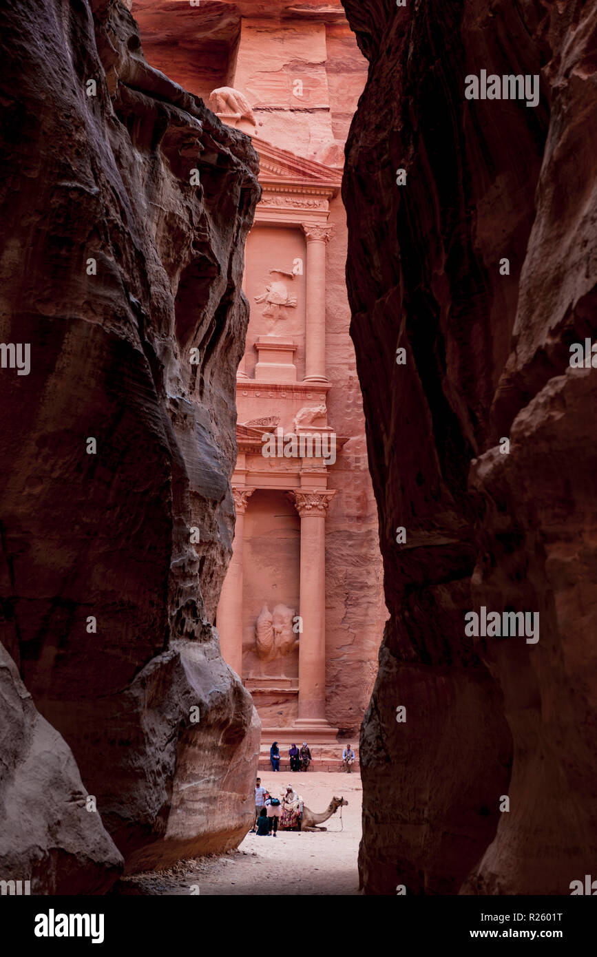 View from the gorge Siq to the Pharaoh's treasure house carved into the ...