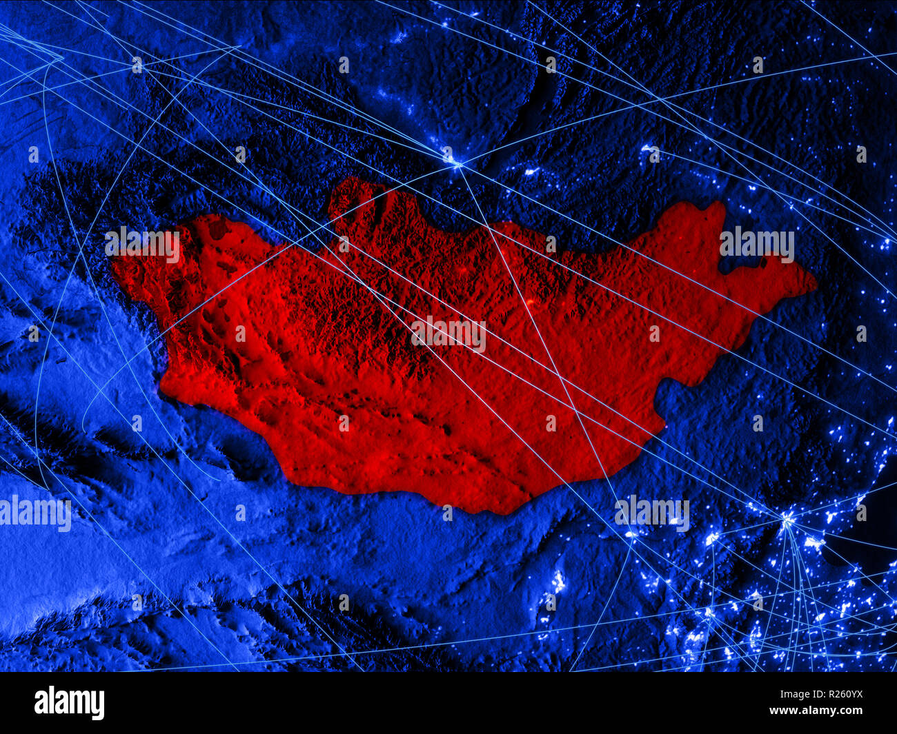 Mongolia on blue digital map with networks. Concept of international ...