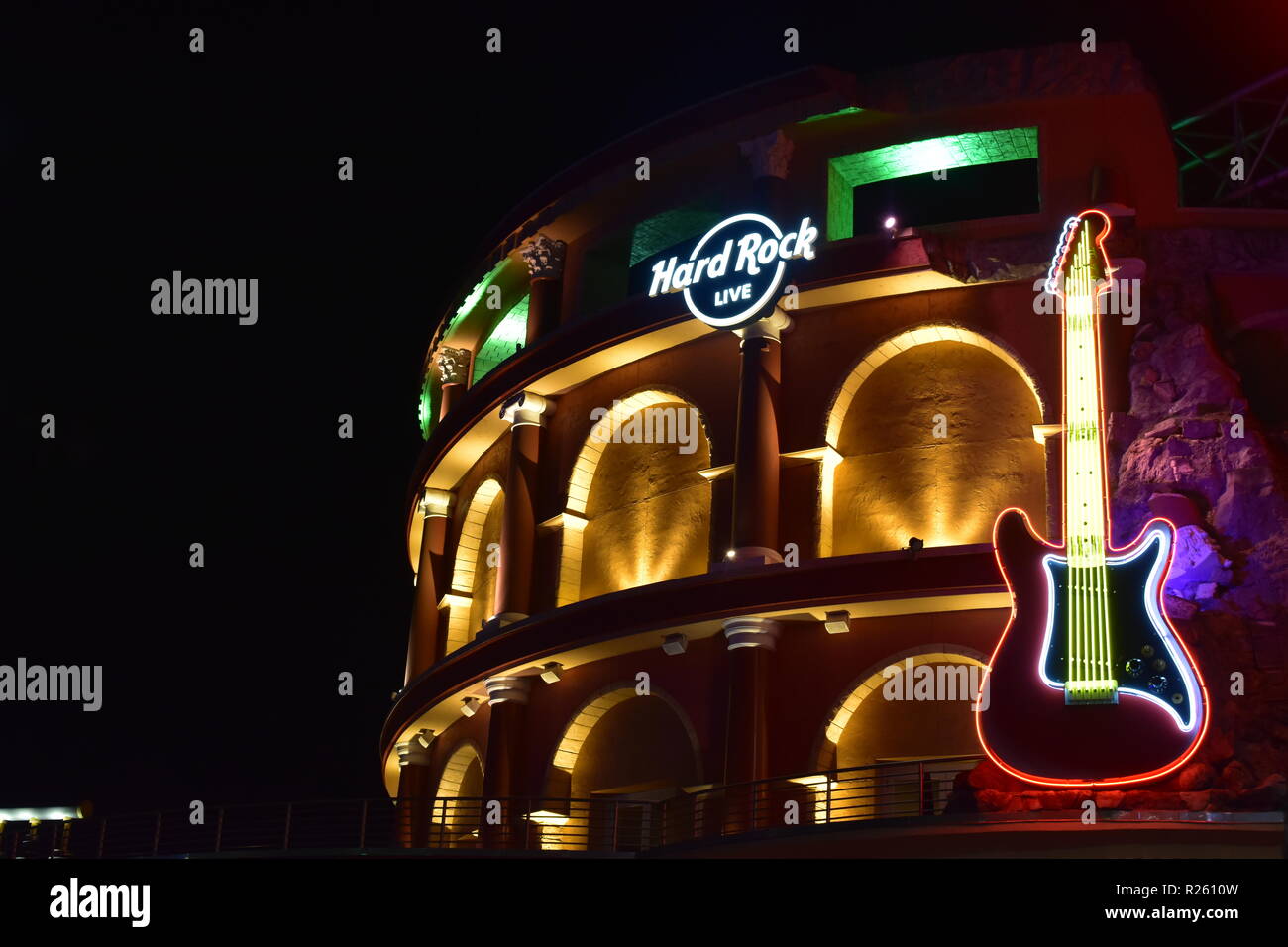 Orlando, Florida. October 19, 2018 Hard Rock Sign and Guitar on Roman ...