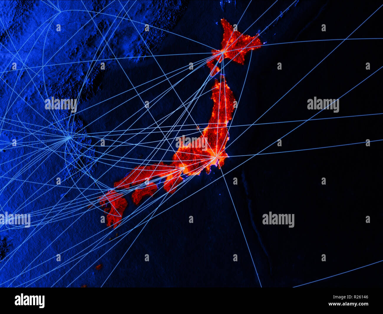 Japan on blue digital map with networks. Concept of international ...