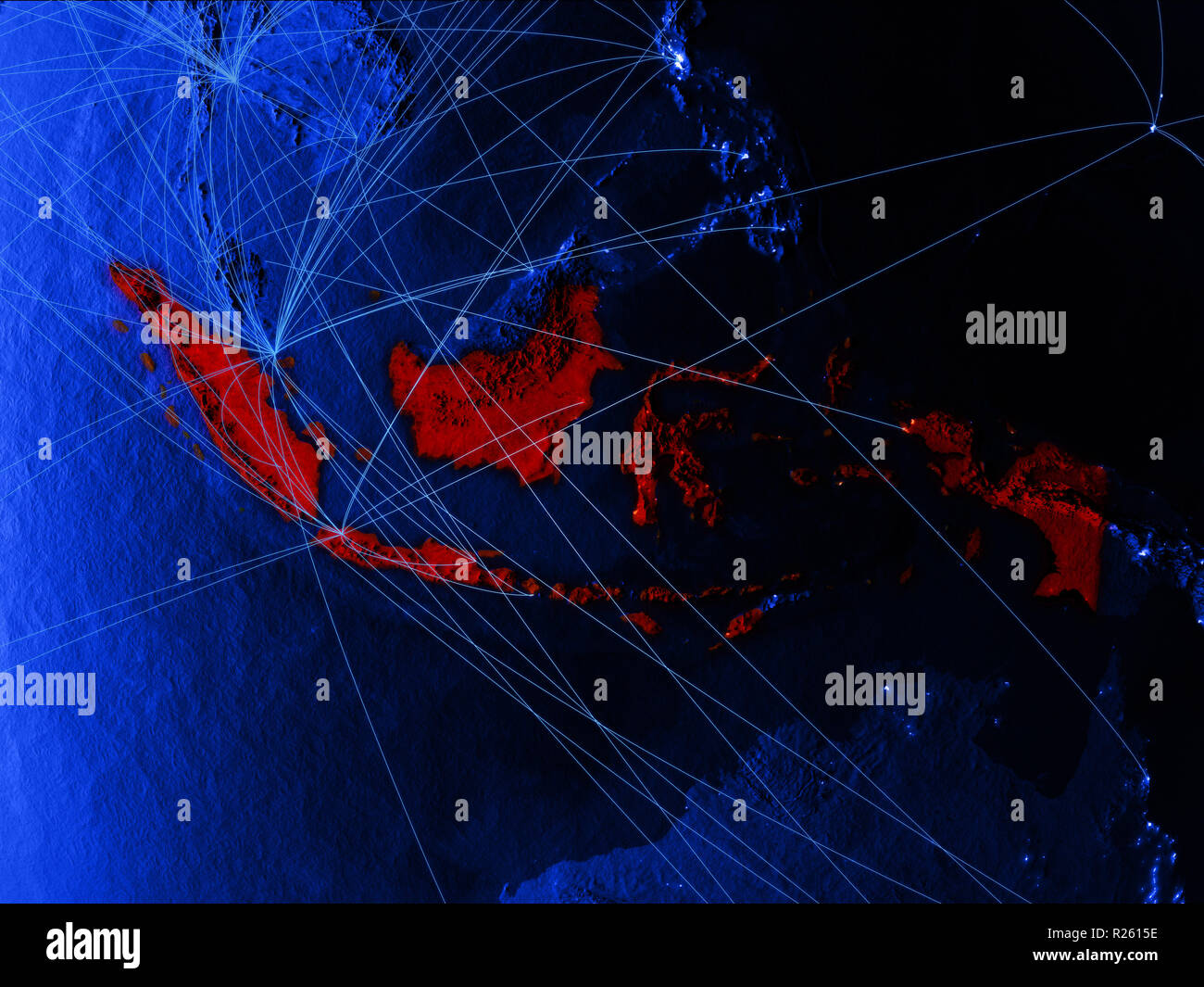 Indonesia on blue digital map with networks. Concept of international ...