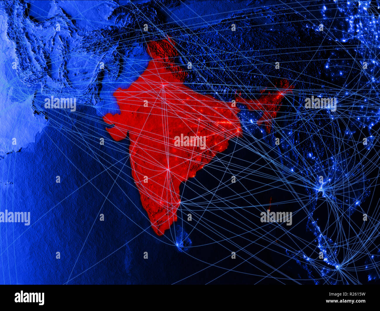 India on blue digital map with networks. Concept of international ...