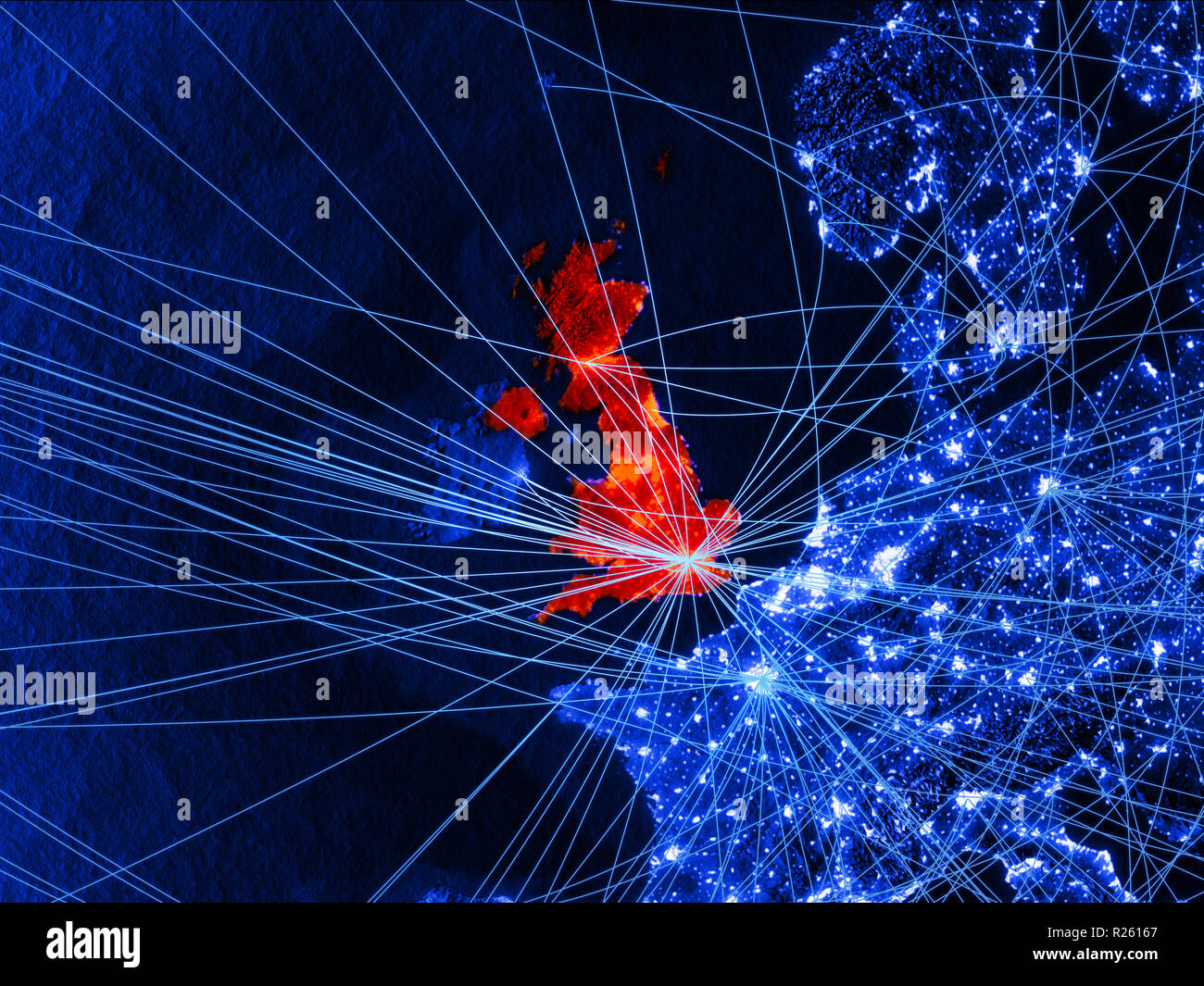 United Kingdom on blue digital map with networks. Concept of ...