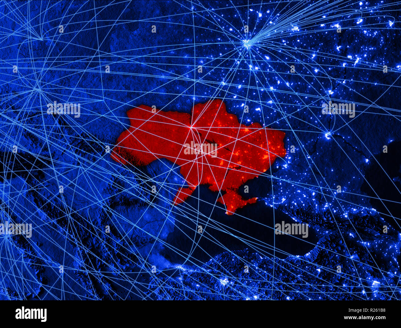Ukraine on blue digital map with networks. Concept of international ...