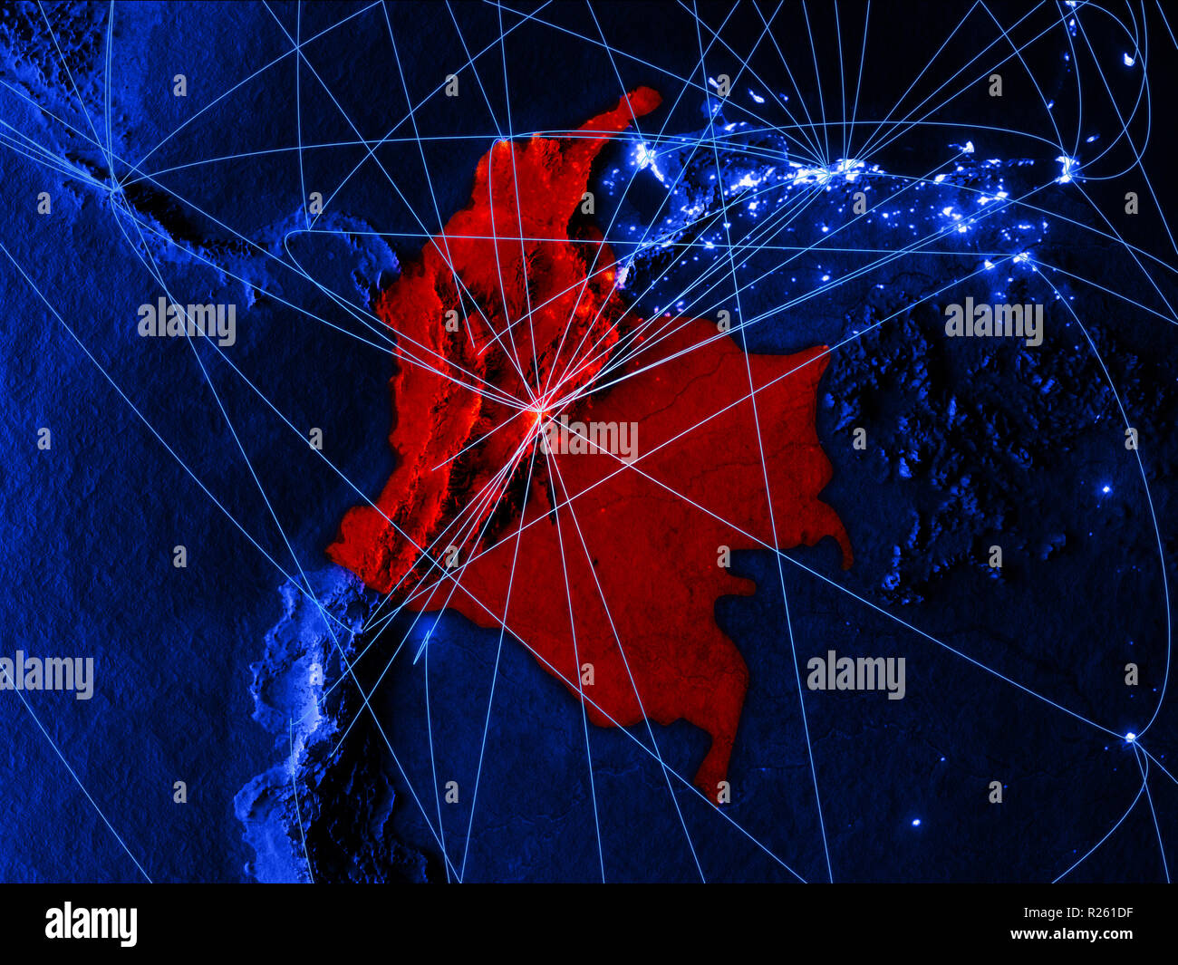 Colombia on blue digital map with networks. Concept of international ...